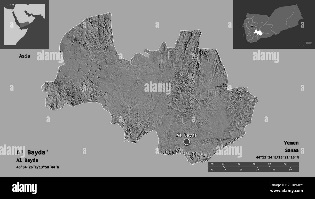 Shape of Al Bayda', governorate of Yemen, and its capital. Distance ...