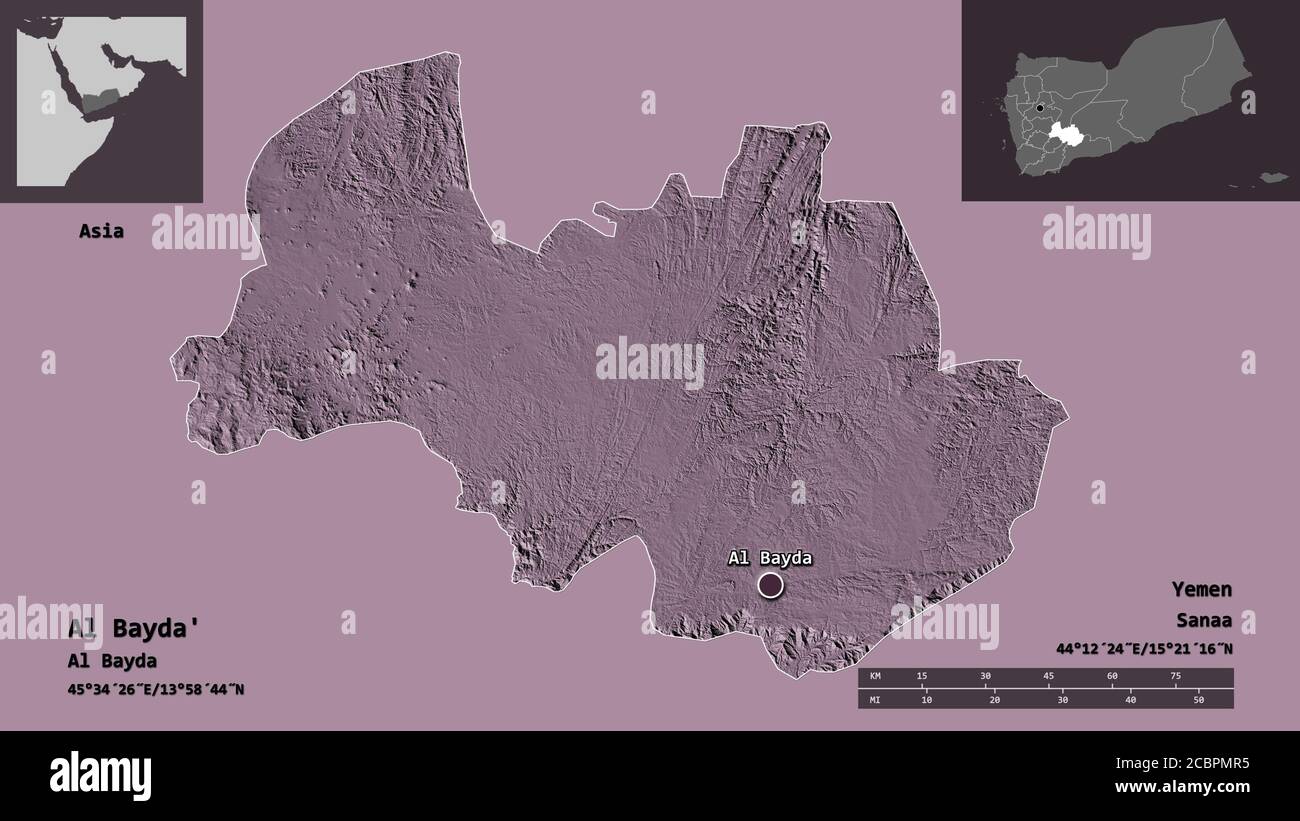 Shape of Al Bayda', governorate of Yemen, and its capital. Distance scale, previews and labels ...