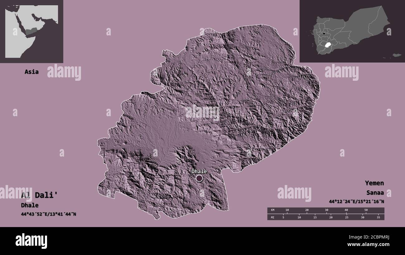 Shape of Al Dali', governorate of Yemen, and its capital. Distance ...