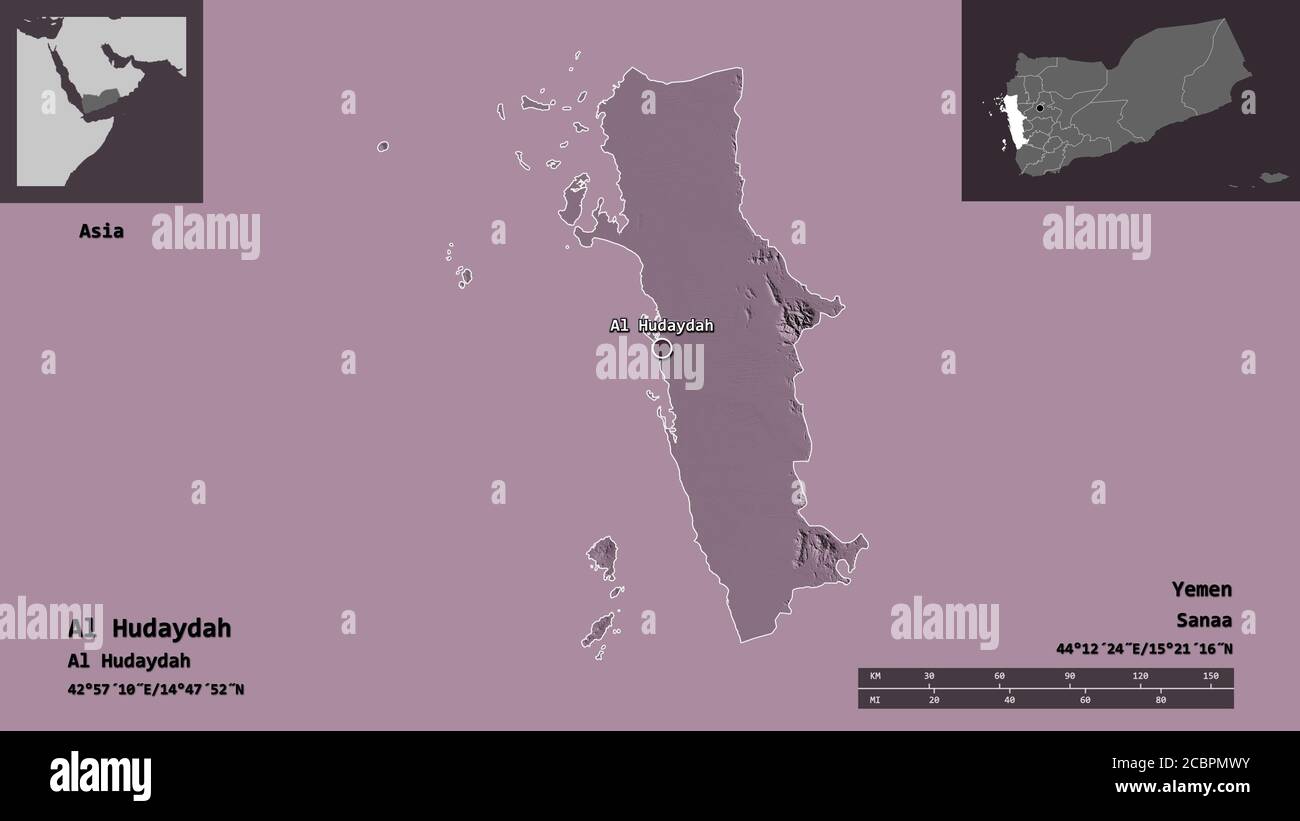 Shape of Al Hudaydah, governorate of Yemen, and its capital. Distance ...