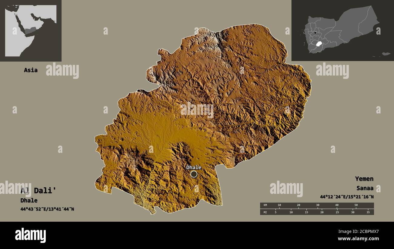 Shape of Al Dali', governorate of Yemen, and its capital. Distance ...