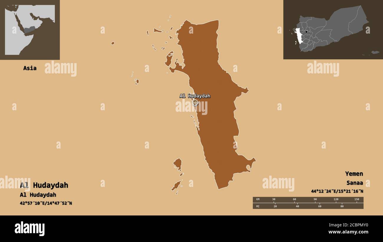 Shape of Al Hudaydah, governorate of Yemen, and its capital. Distance ...