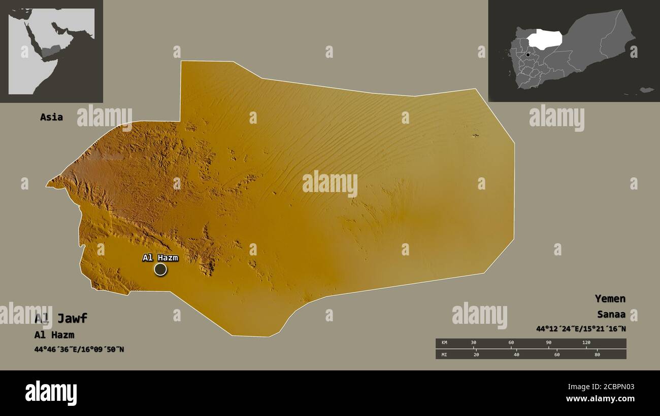 Shape of Al Jawf, governorate of Yemen, and its capital. Distance scale ...