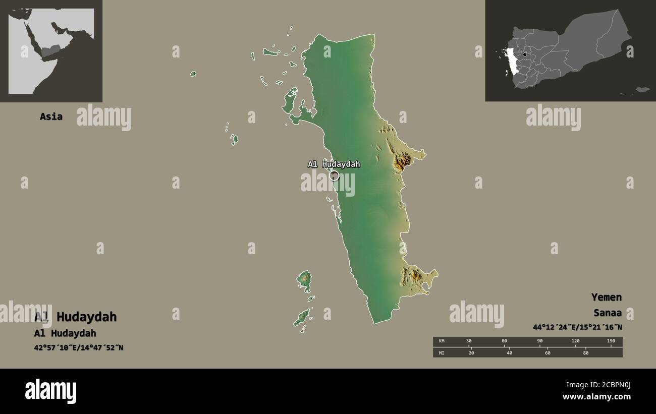 Shape of Al Hudaydah, governorate of Yemen, and its capital. Distance ...
