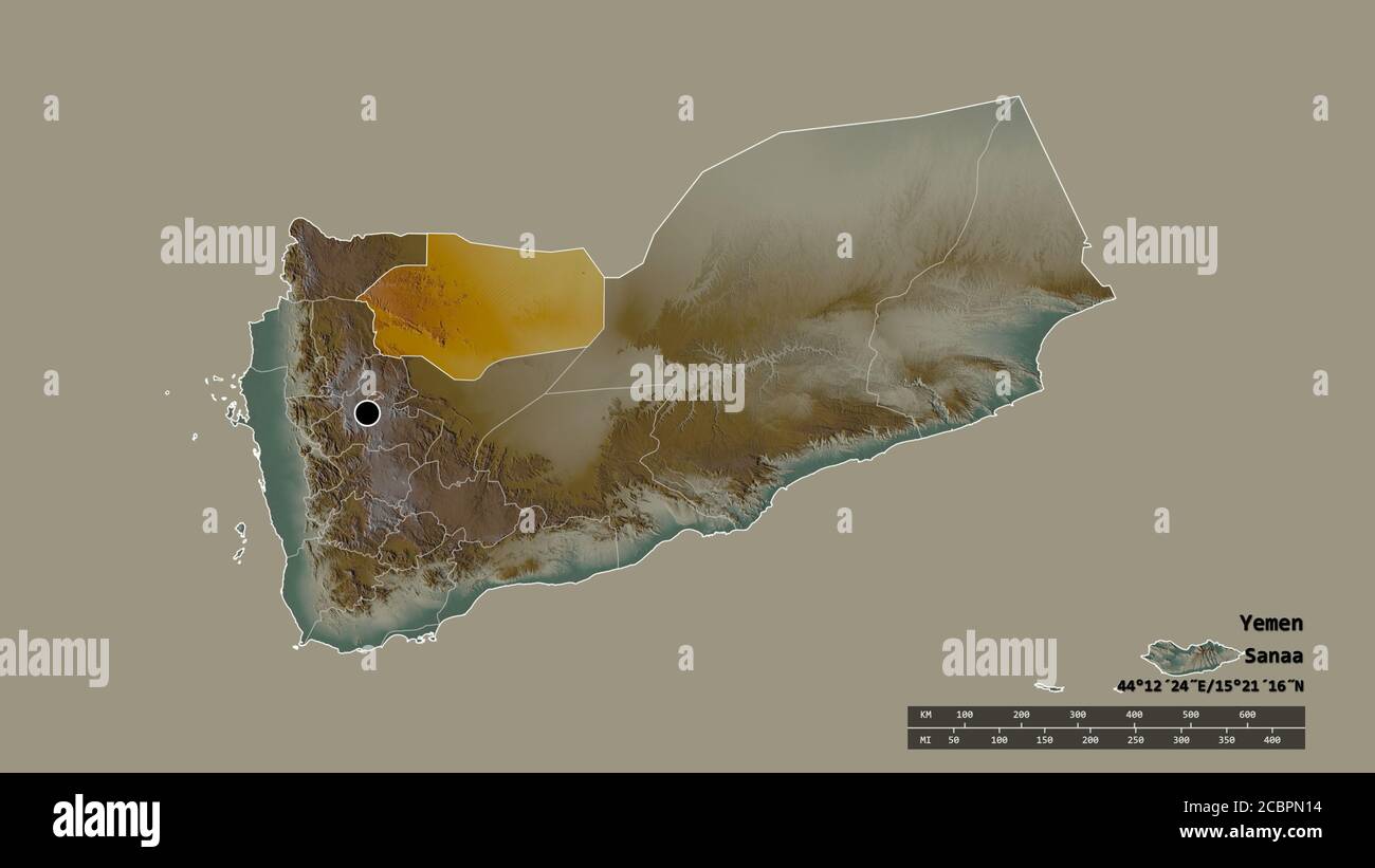 Desaturated shape of Yemen with its capital, main regional division and ...