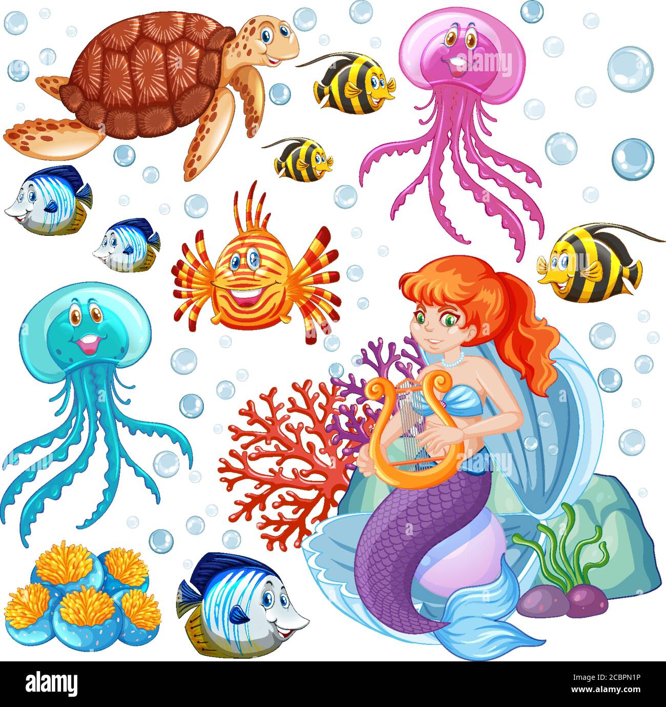 Set of sea animals and mermaid cartoon style on white background ...
