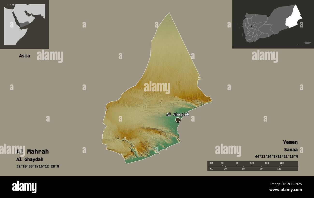 Shape of Al Mahrah, governorate of Yemen, and its capital. Distance ...