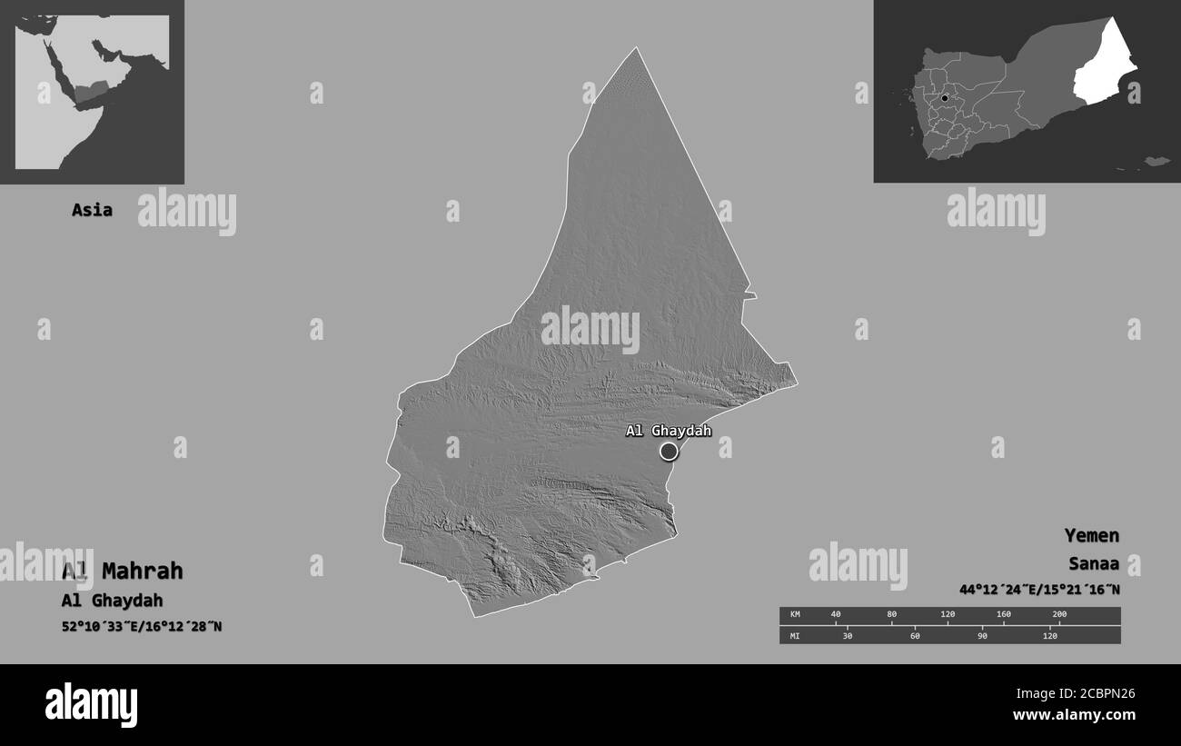 Shape of Al Mahrah, governorate of Yemen, and its capital. Distance ...