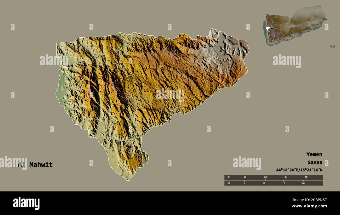 Shape of Al Mahwit, governorate of Yemen, with its capital isolated on ...