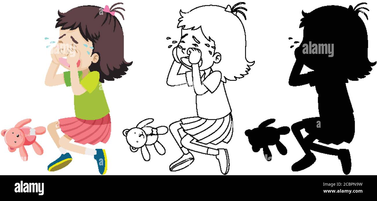 Crying girl with its outline and silhouette illustration Stock Vector ...