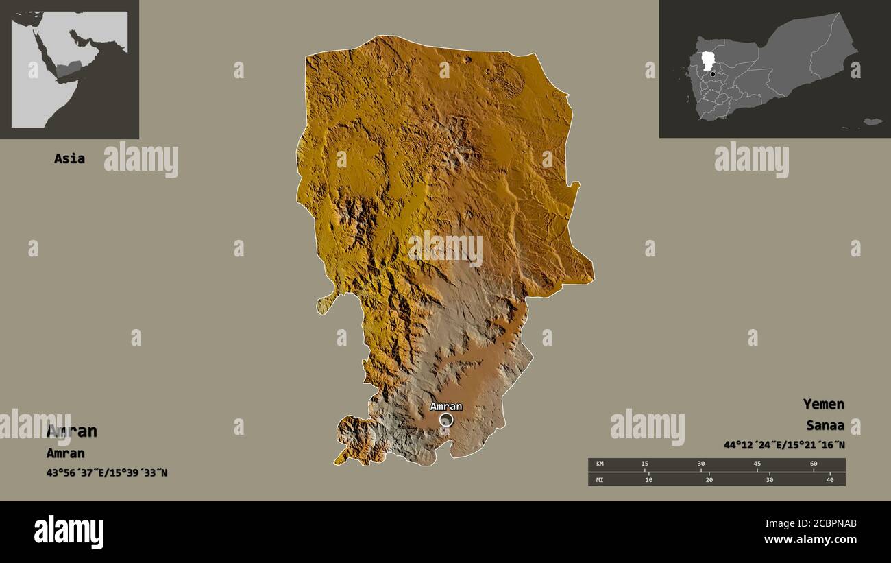 Shape of Amran, governorate of Yemen, and its capital. Distance scale ...