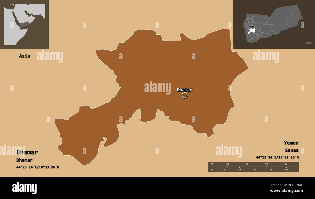 Shape of Dhamar, governorate of Yemen, and its capital. Distance scale ...
