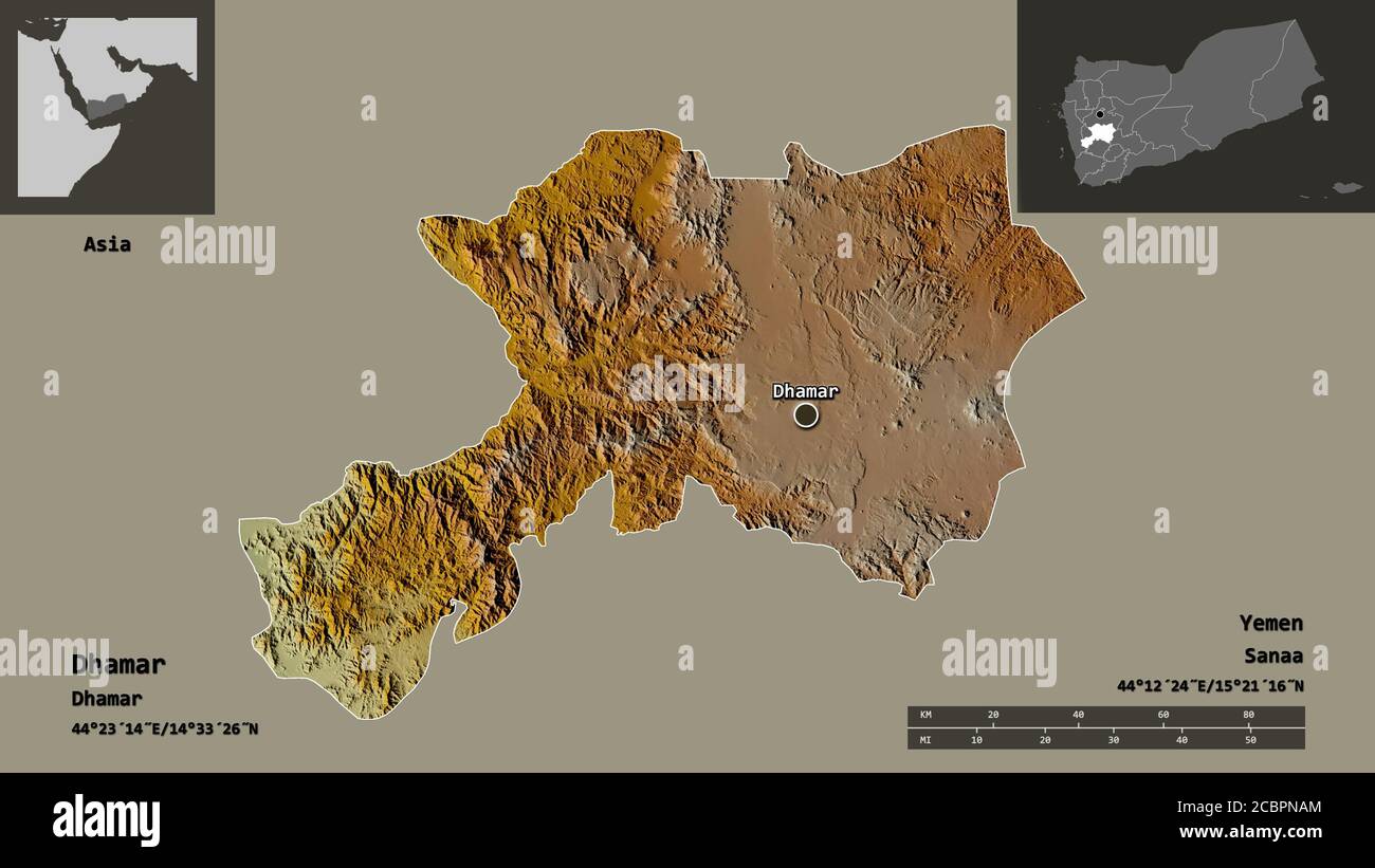 Shape of Dhamar, governorate of Yemen, and its capital. Distance scale ...