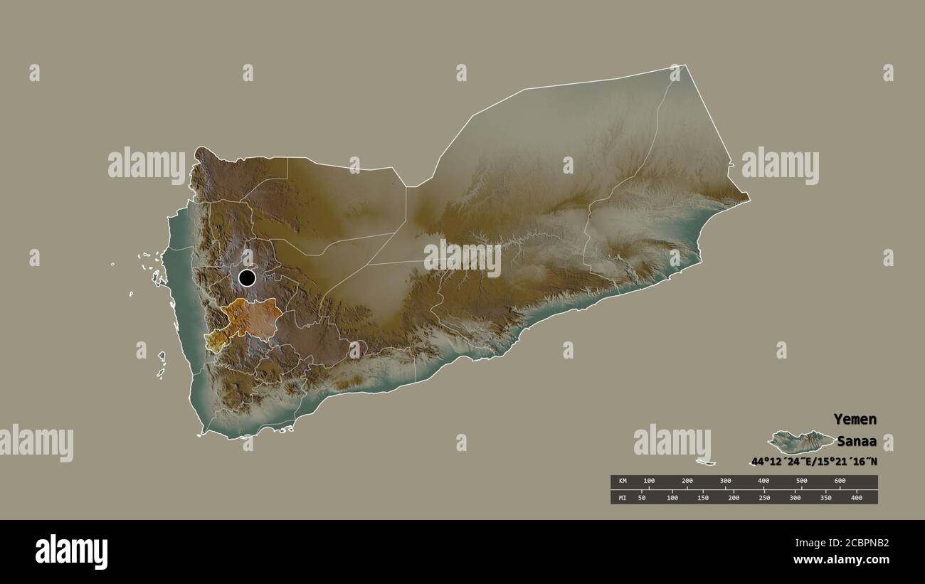 Desaturated shape of Yemen with its capital, main regional division and ...