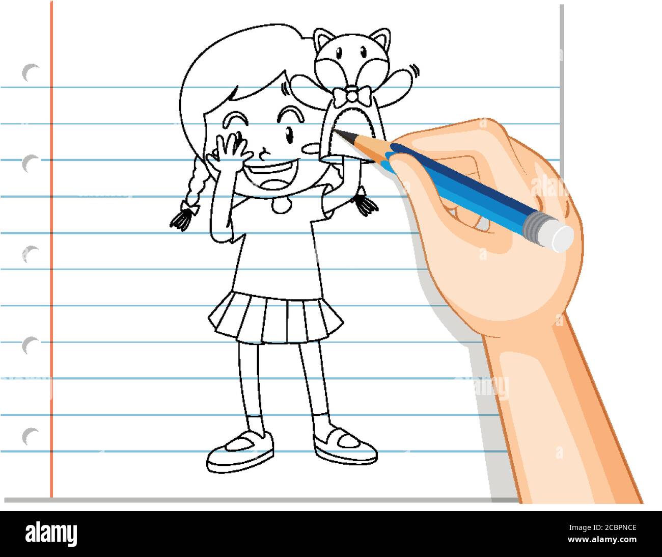 Hand writing of girl playing doll hand outline illustration Stock ...