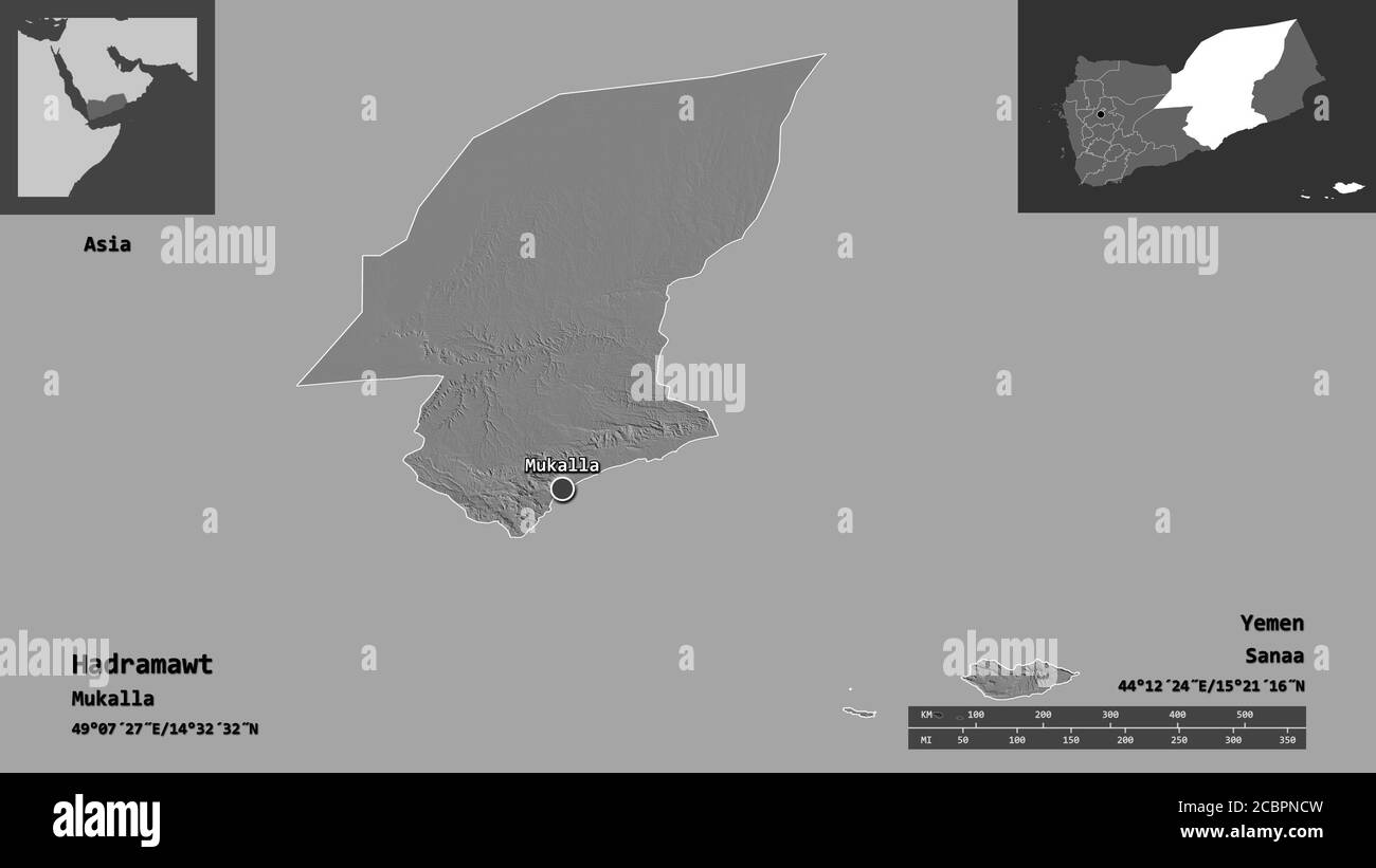 Shape of Hadramawt, governorate of Yemen, and its capital. Distance ...