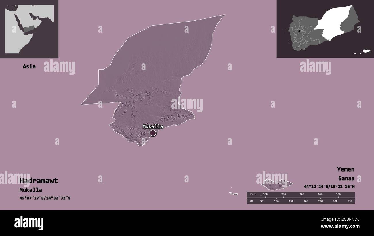 Shape of Hadramawt, governorate of Yemen, and its capital. Distance ...