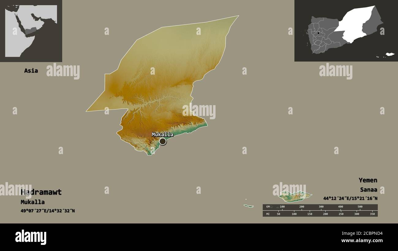 Shape of Hadramawt, governorate of Yemen, and its capital. Distance ...