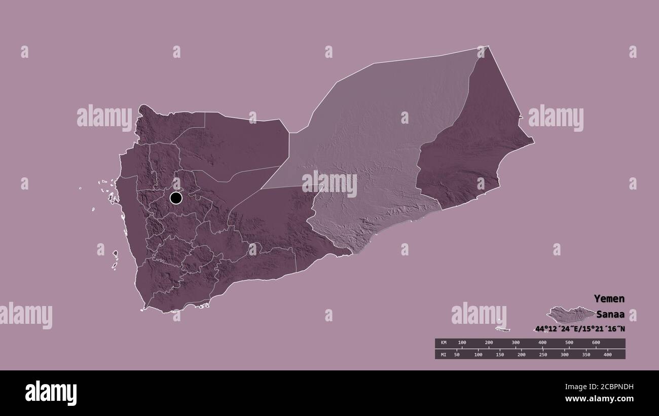 Desaturated shape of Yemen with its capital, main regional division and ...