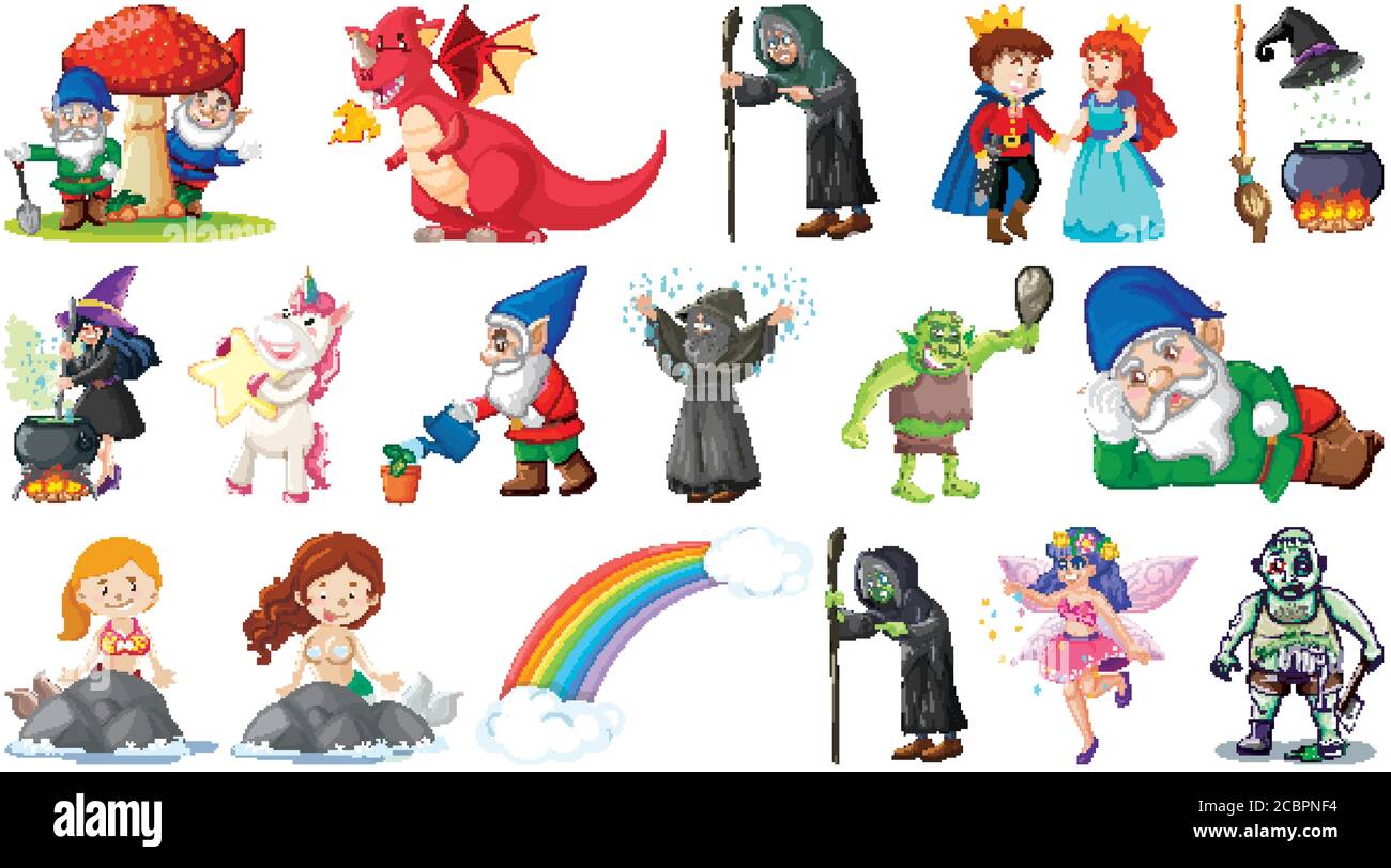 Set of fantasy cartoon characters and fantasy theme isolated on white ...