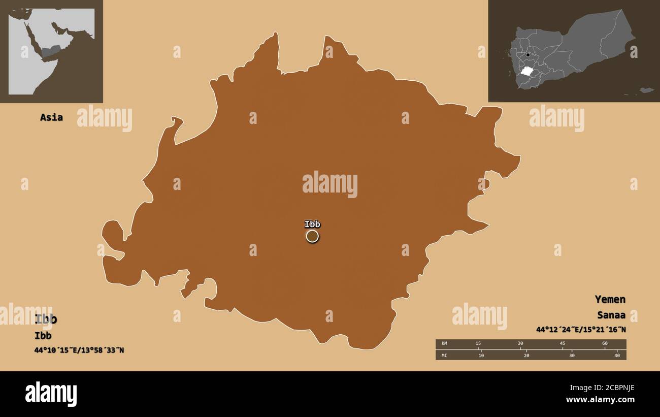 Shape of Ibb, governorate of Yemen, and its capital. Distance scale ...