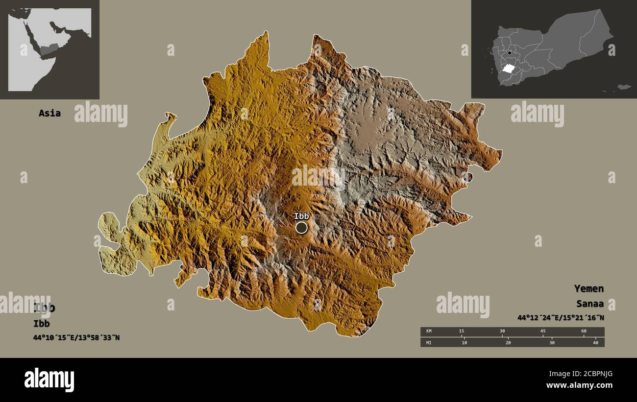 Shape of Ibb, governorate of Yemen, and its capital. Distance scale ...