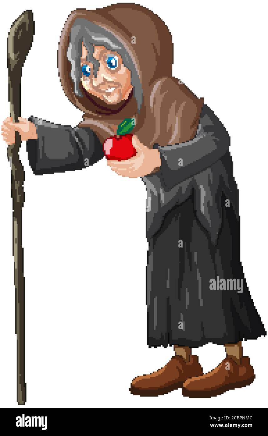 Old witch with red apple cartoon style isolated on white background ...