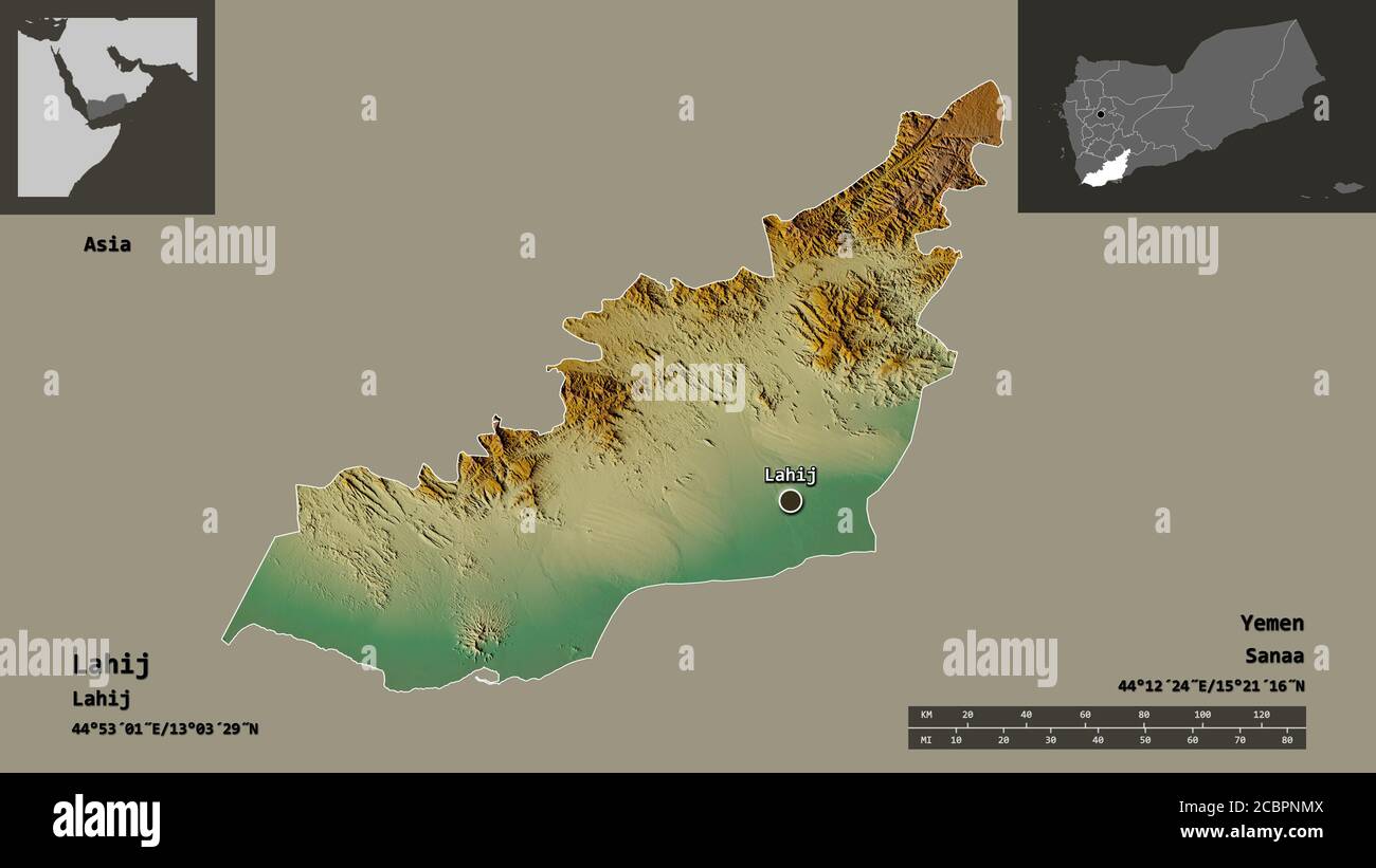 Shape of Lahij, governorate of Yemen, and its capital. Distance scale ...