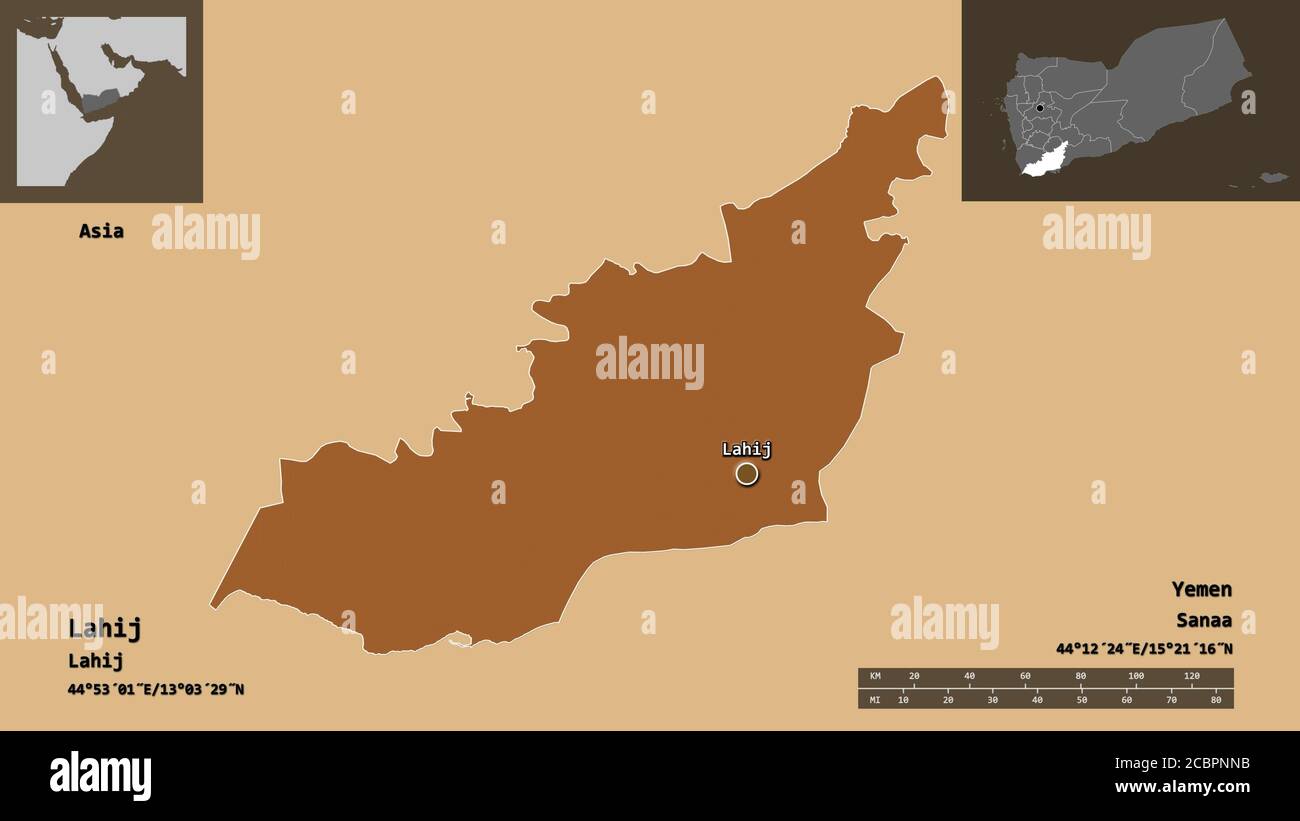 Shape of Lahij, governorate of Yemen, and its capital. Distance scale ...