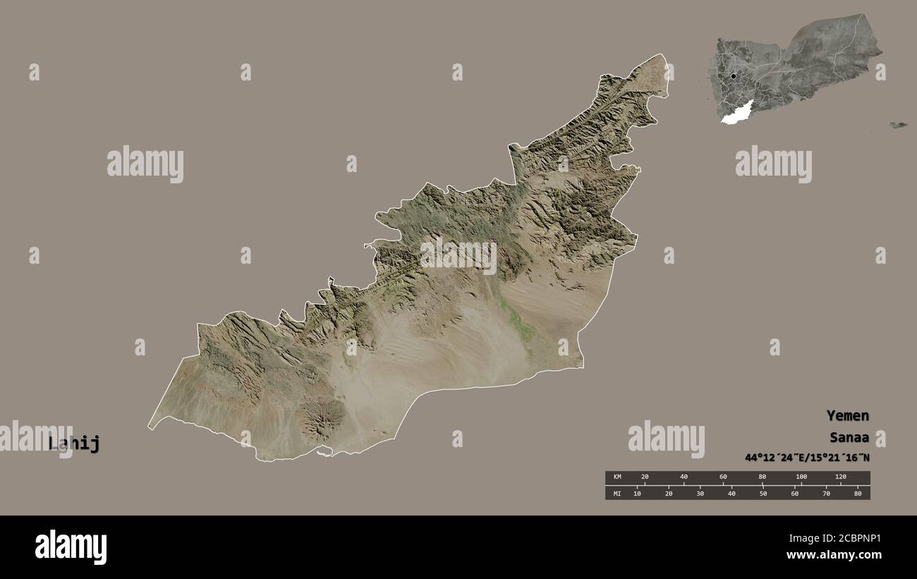 Shape of Lahij, governorate of Yemen, with its capital isolated on ...