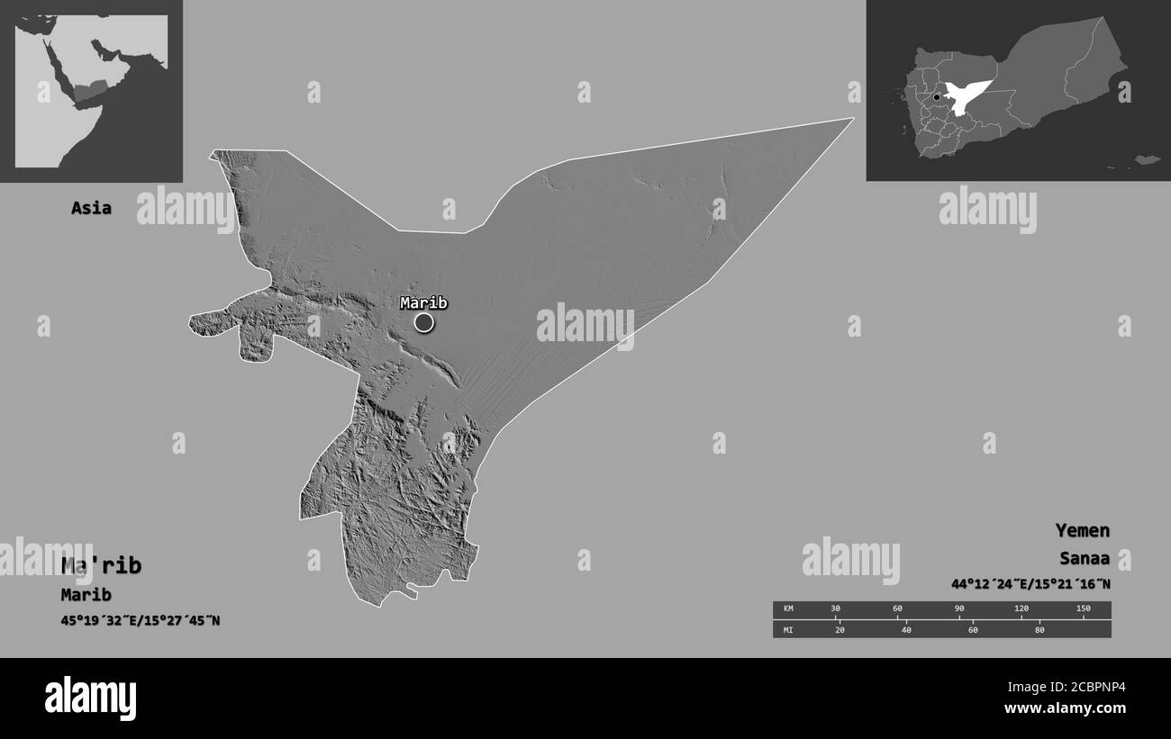 Shape of Ma'rib, governorate of Yemen, and its capital. Distance scale ...