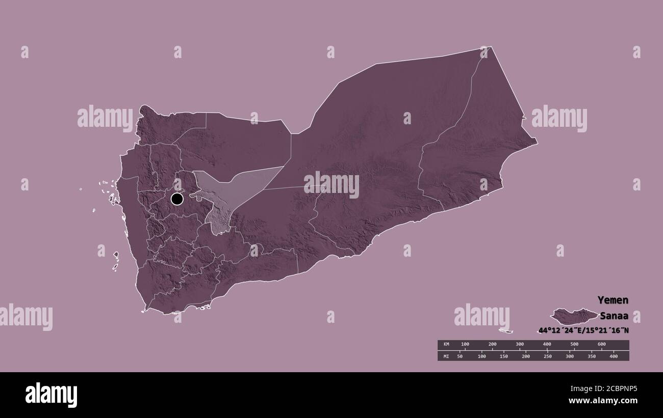Desaturated shape of Yemen with its capital, main regional division and ...