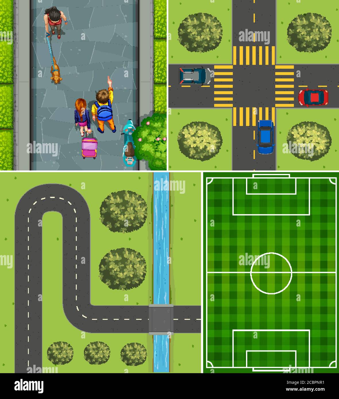 Set of aerial football court and road scene illustration Stock Vector ...