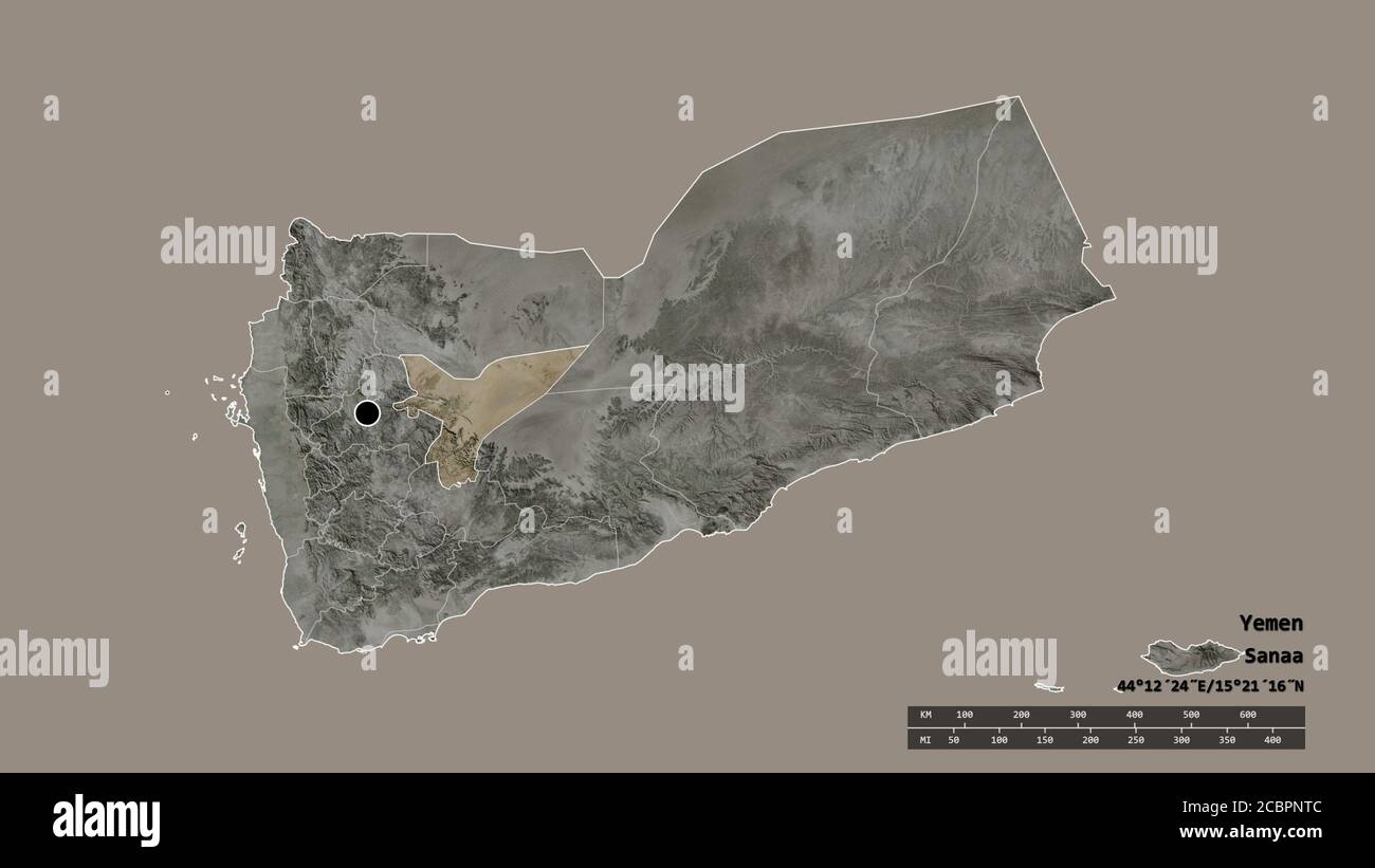 Desaturated shape of Yemen with its capital, main regional division and ...