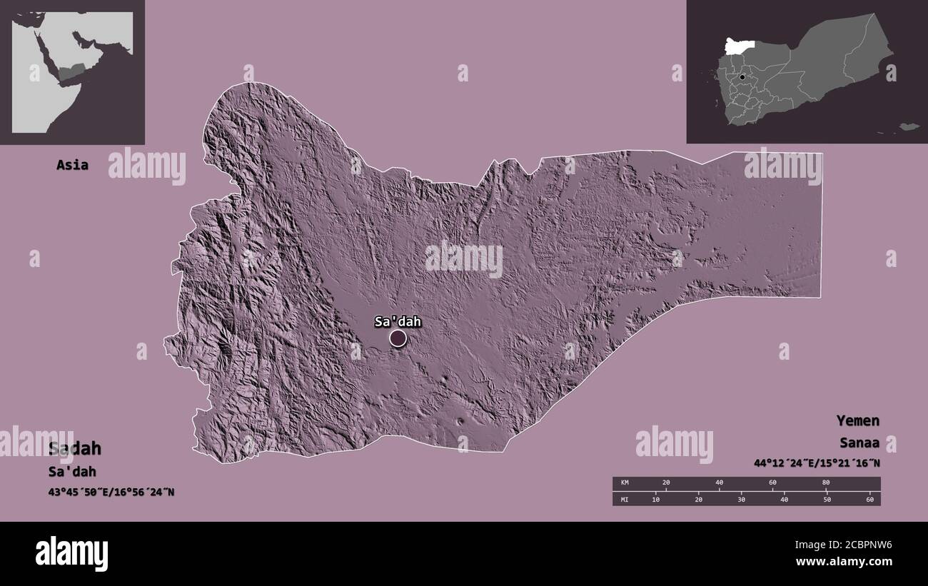 Shape of Sadah, governorate of Yemen, and its capital. Distance scale ...
