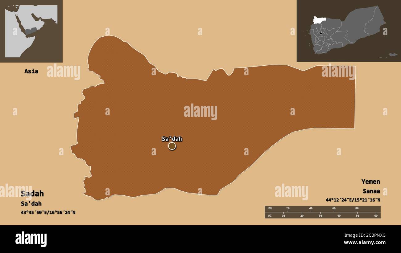 Shape of Sadah, governorate of Yemen, and its capital. Distance scale ...