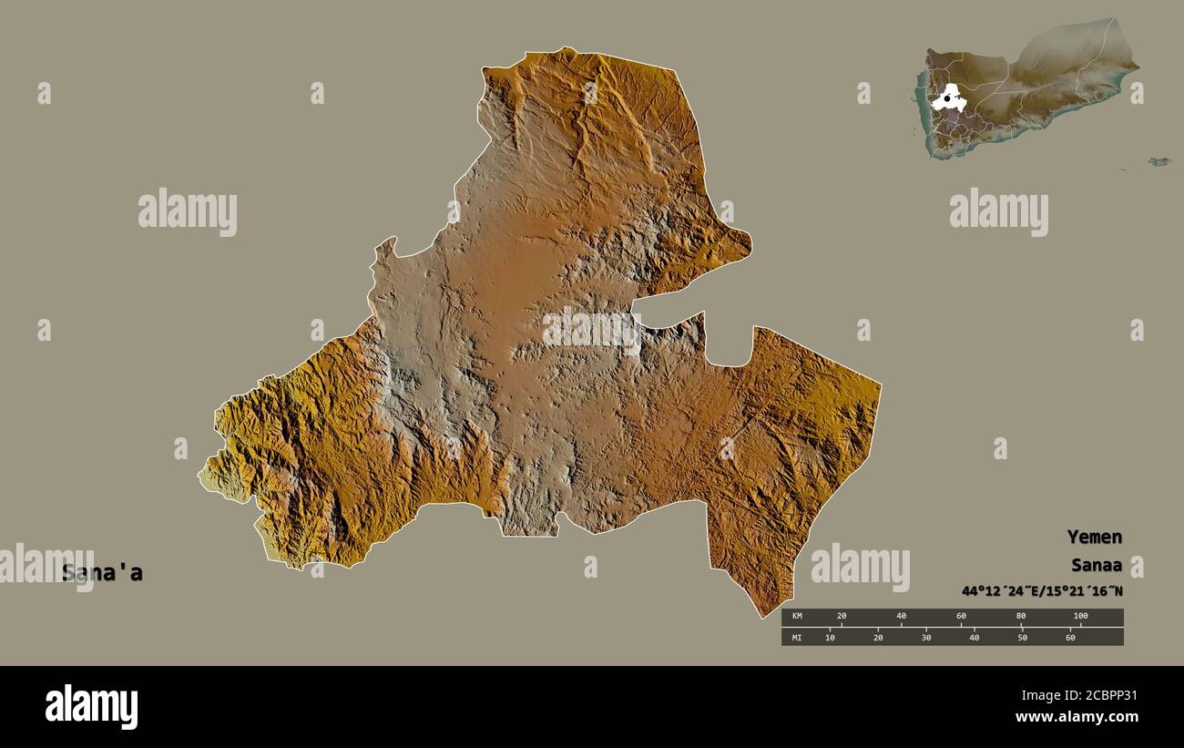 Shape of Sana'a, city of Yemen, with its capital isolated on solid ...