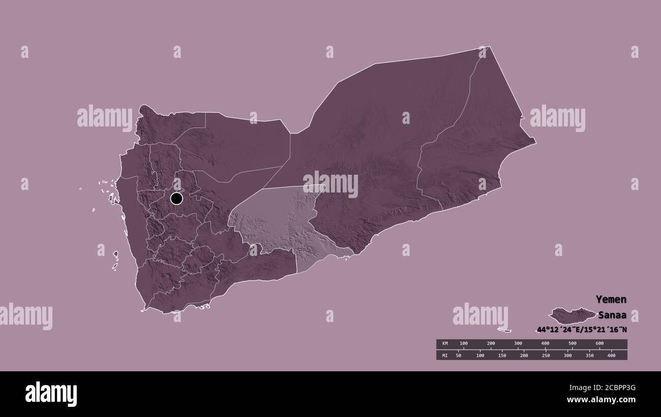 Desaturated shape of Yemen with its capital, main regional division and ...