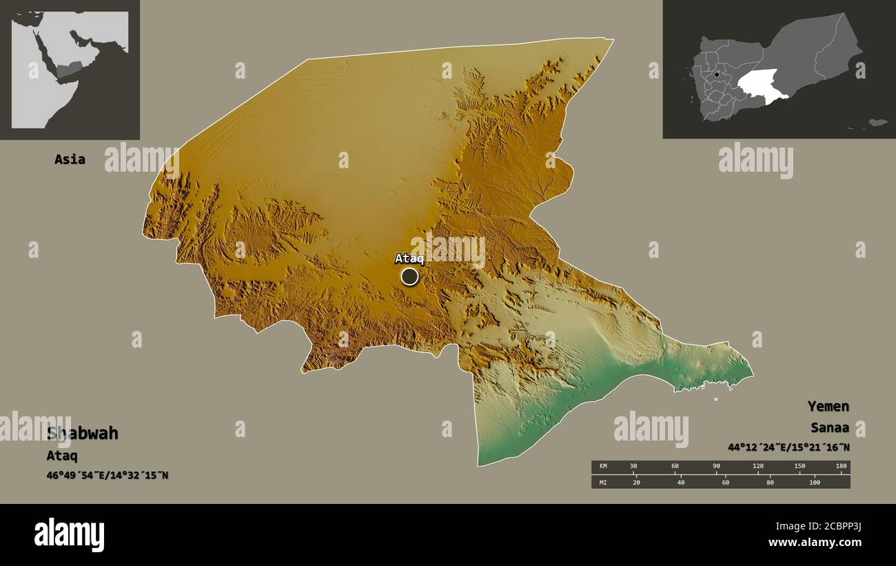 Shape of Shabwah, governorate of Yemen, and its capital. Distance scale ...