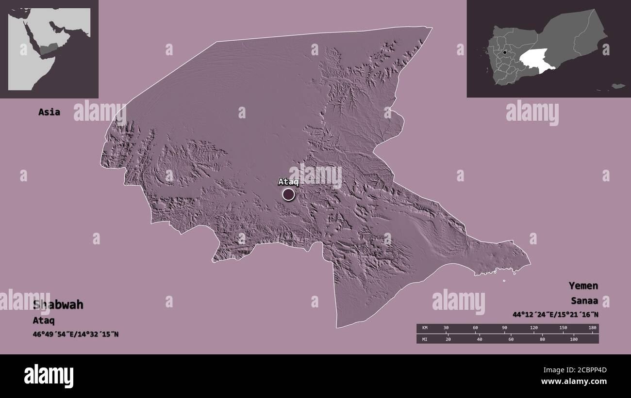 Shape of Shabwah, governorate of Yemen, and its capital. Distance scale ...