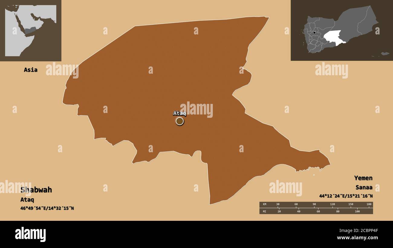 Shape of Shabwah, governorate of Yemen, and its capital. Distance scale ...