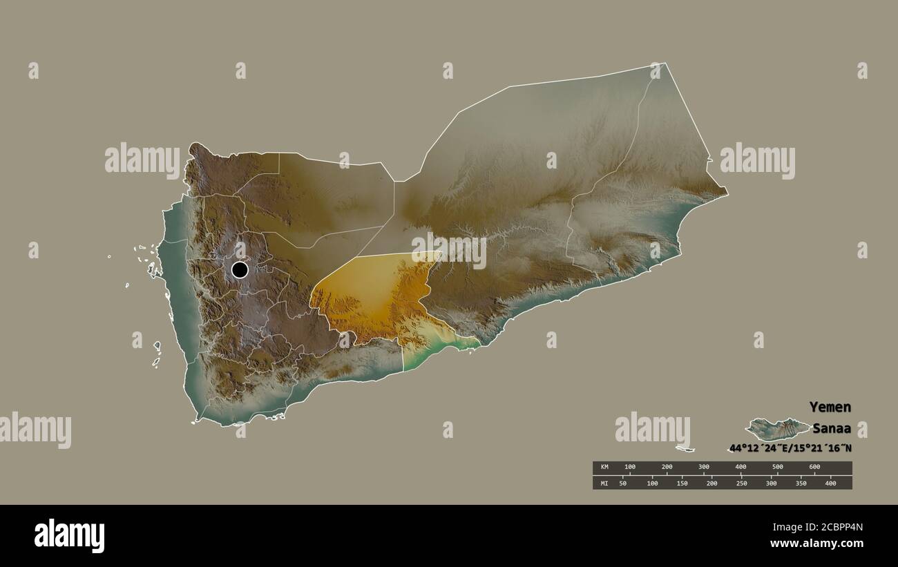 Desaturated shape of Yemen with its capital, main regional division and ...