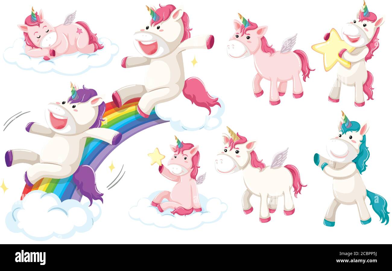 Set of different unicorn cartoon characters isolated on white ...