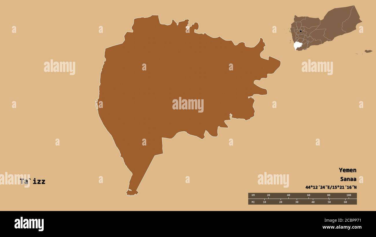 Shape of Ta`izz, governorate of Yemen, with its capital isolated on ...