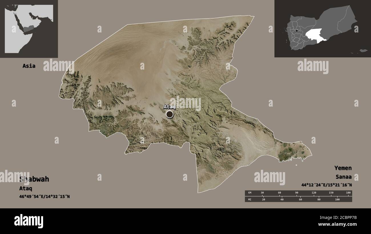 Shape of Shabwah, governorate of Yemen, and its capital. Distance scale ...