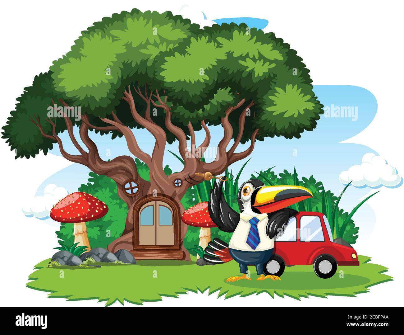 Tree house with cute bird cartoon style on white background ...