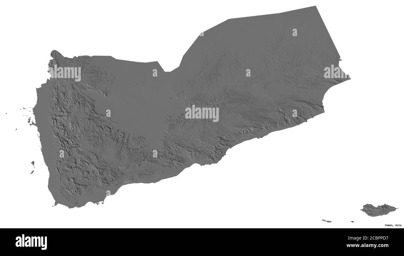 Shape of Yemen with its capital isolated on white background. Bilevel ...