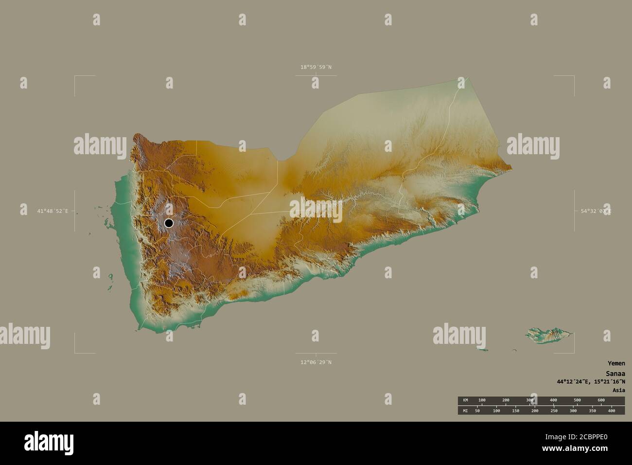 Area of Yemen isolated on a solid background in a georeferenced ...