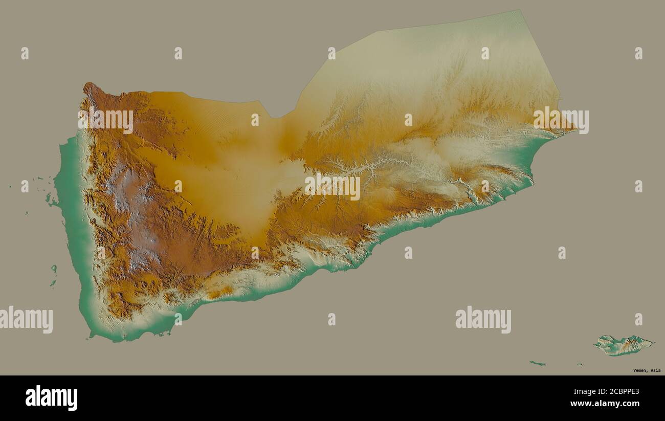 Shape of Yemen with its capital isolated on a solid color background ...