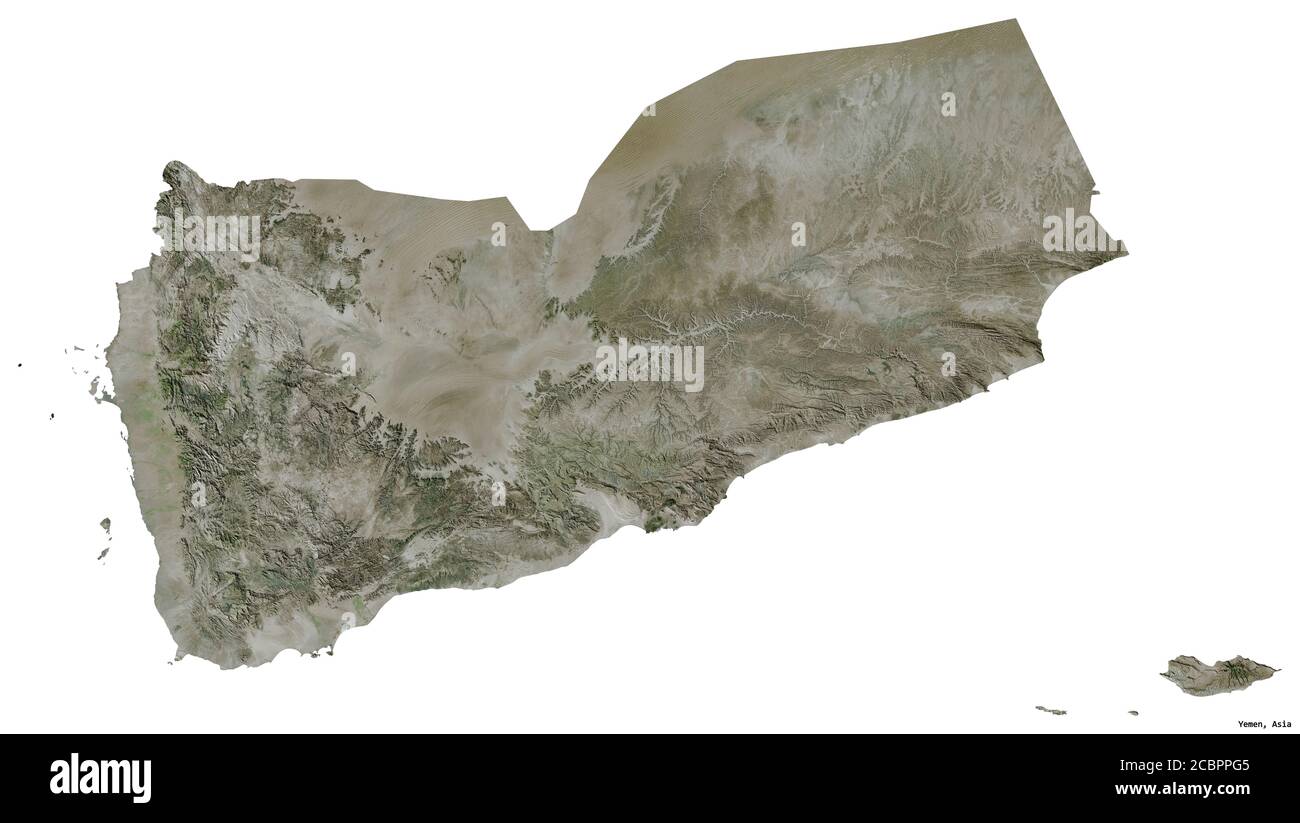 Shape of Yemen with its capital isolated on white background. Satellite ...